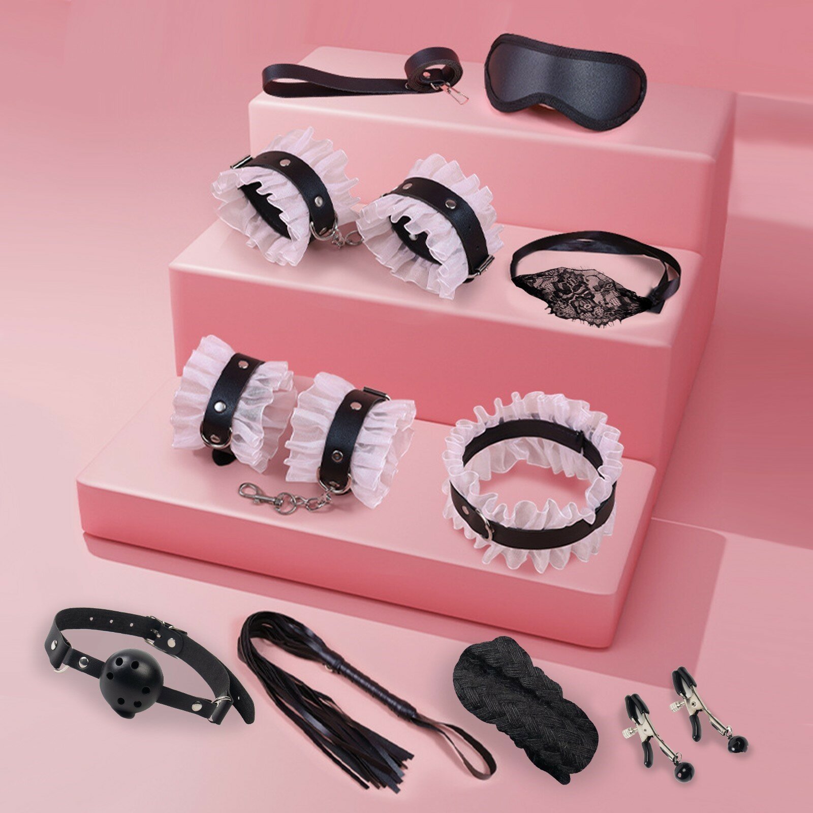 Эротический БДСМ набор с белым кружевом, чёрный, экокожа, 9 предметов