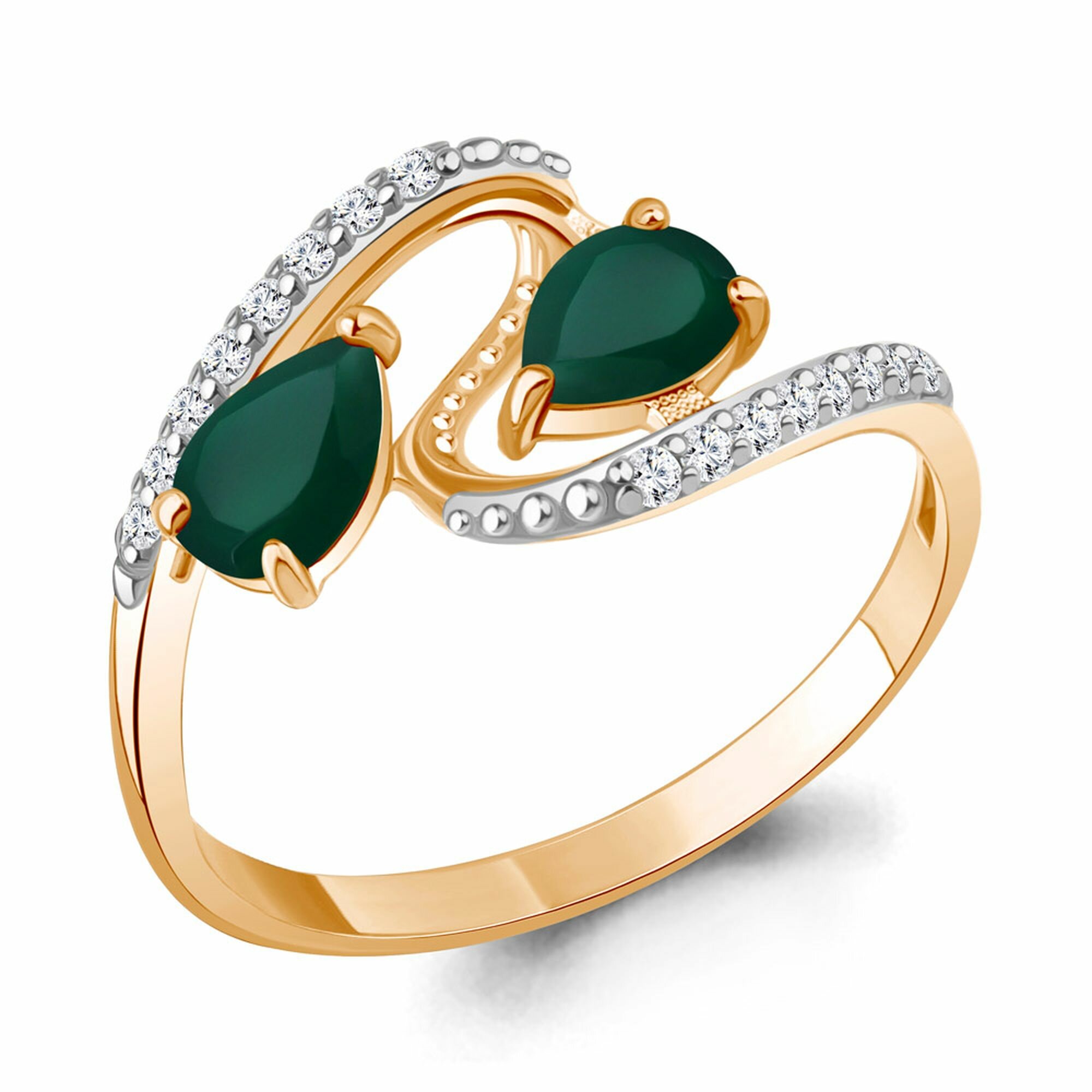 Кольцо, серебро, 925 проба, золочение, агат, фианит