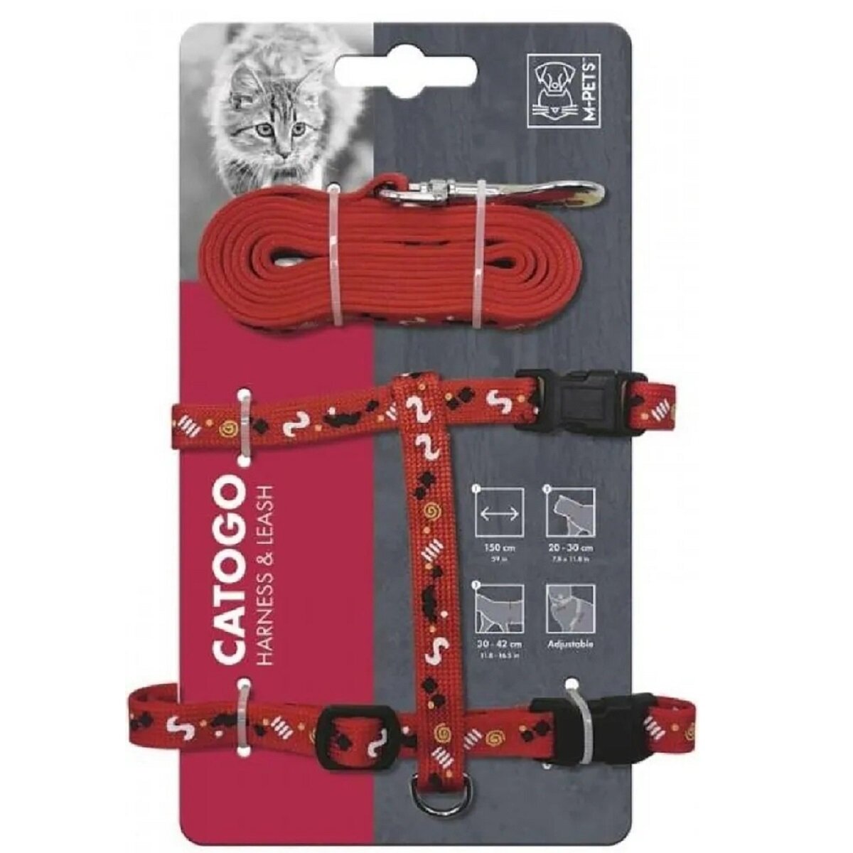 M-PETS Шлейка для кошек с поводком, 20-30 см, 30-42 см, 1 см*90 см - 170 см, красный