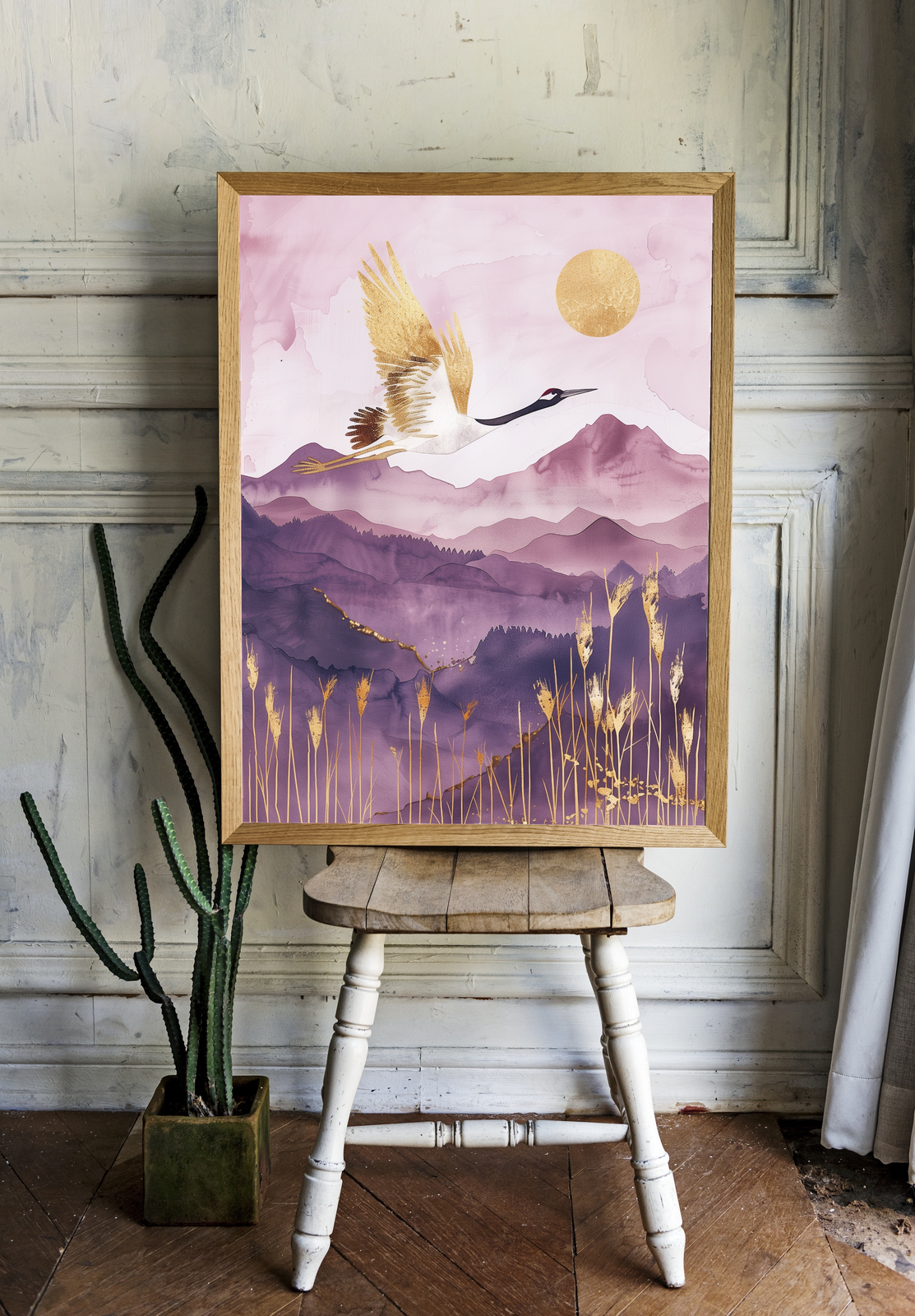 Постер "Полёт журавля над золотыми вершинами" 50x70 в раме