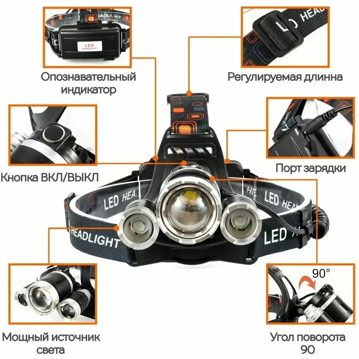 Налобный фонарь с двойным светом аккумуляторный мощный светодиодный LED T6