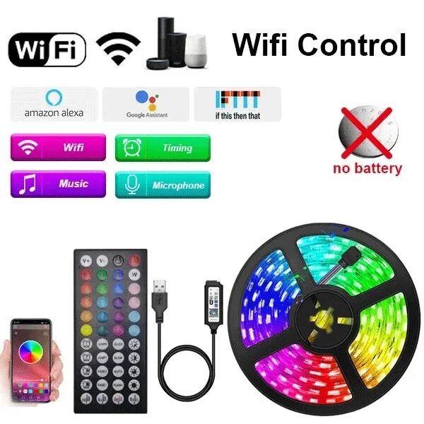 RGB LED лента Wi-Fi 20м, 44KEY, USB