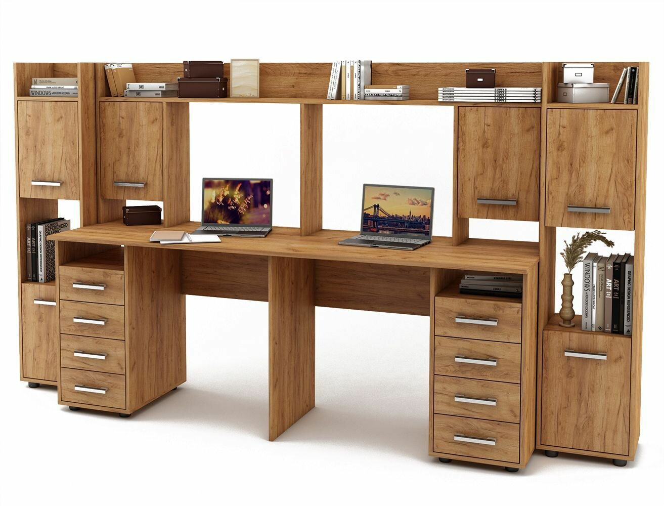 Стол письменный, компьютерный и стеллаж для двоих Остин (Ливерпуль)-20 дуб золотистый