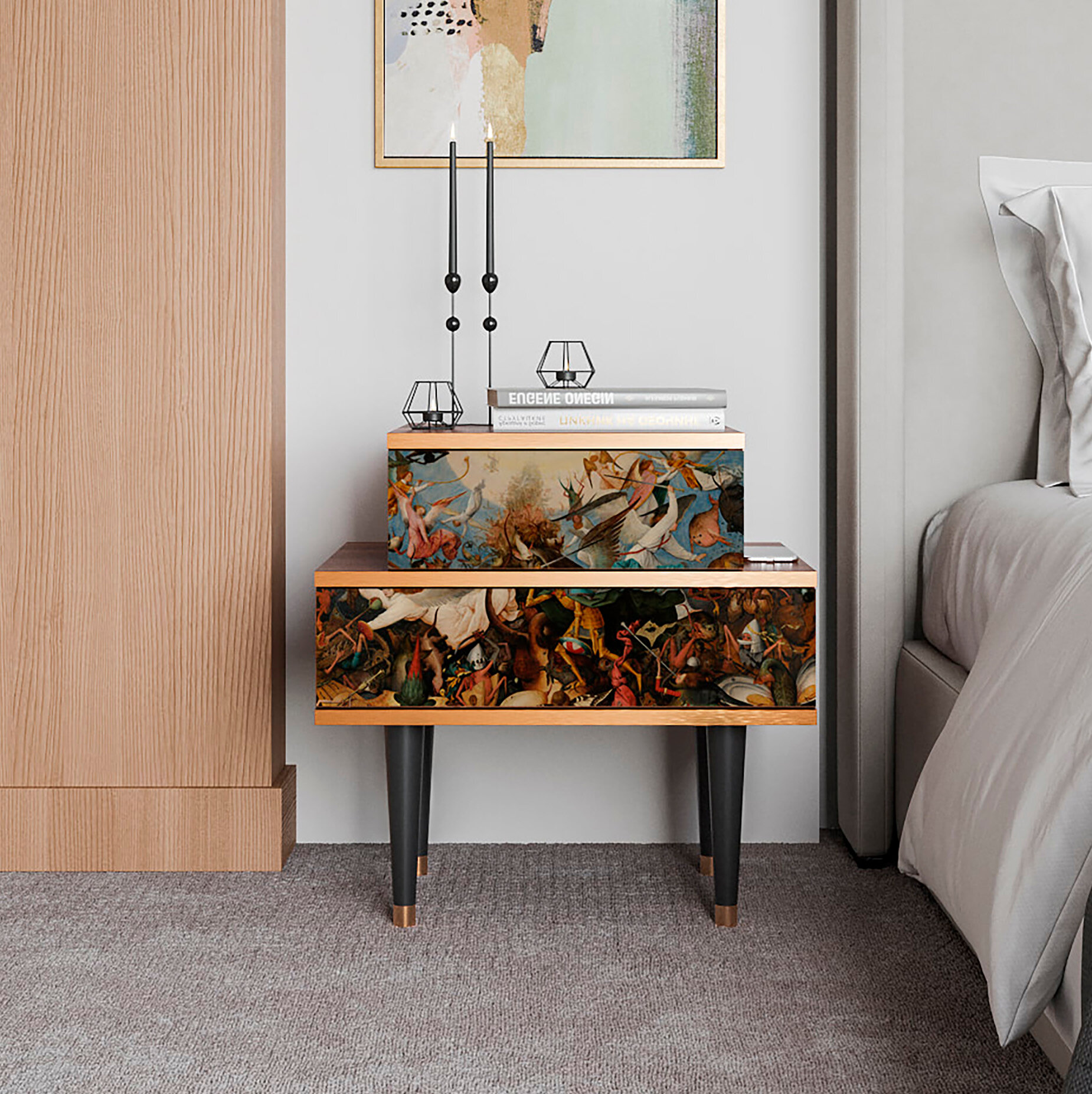 Прикроватная тумба - STORYZ - NS1 The Fall of the Rebel Angels by Pieter Bruegel the Elder, Размер - 58 x 58 x 41 см, Цвет корпуса - , Орех