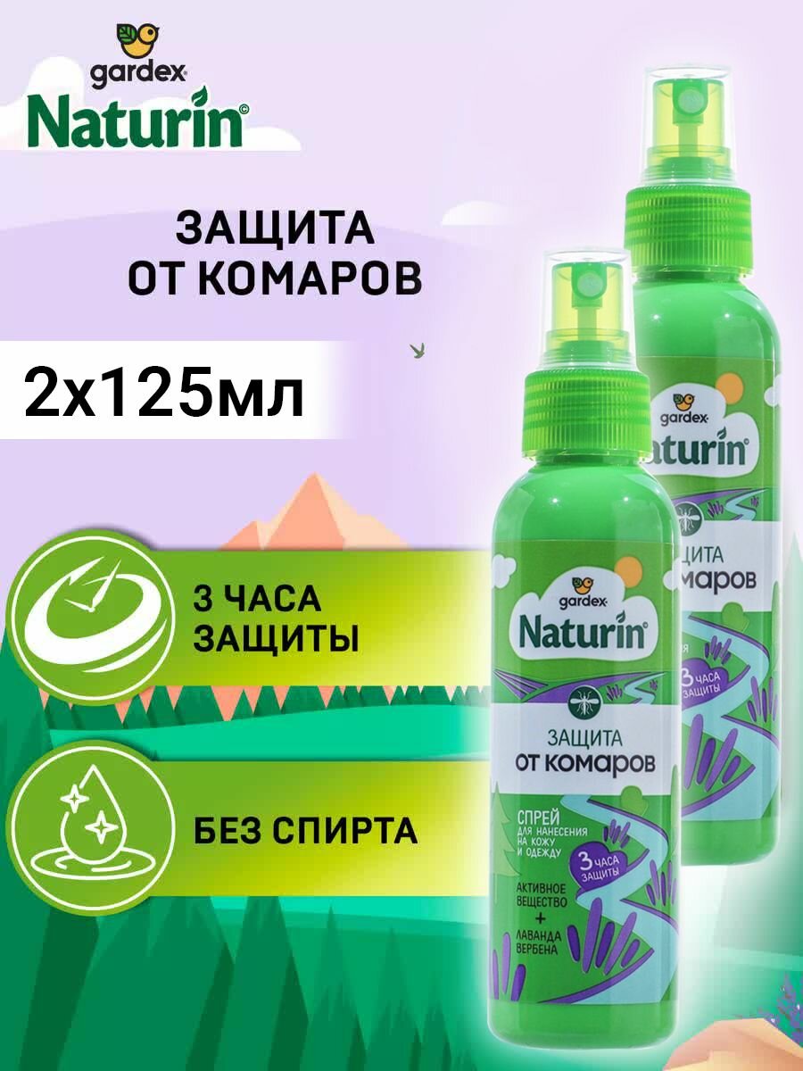 Спрей от комаров Gardex Naturin, от комаров, мокрецов, москитов. Репеллент для нанесения на кожу, одежду, 2 x110 мл