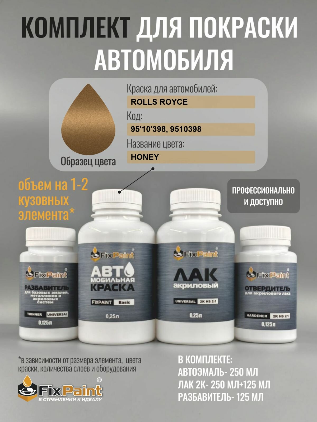 Комплект для покраски ROLLS ROYCE, код 95 10 398, 9510398, HONEY, базовая автомобильная краска 250 мл, лак 2K 250 мл с отвердителем, разбавитель 125 мл, FixPaint Pro