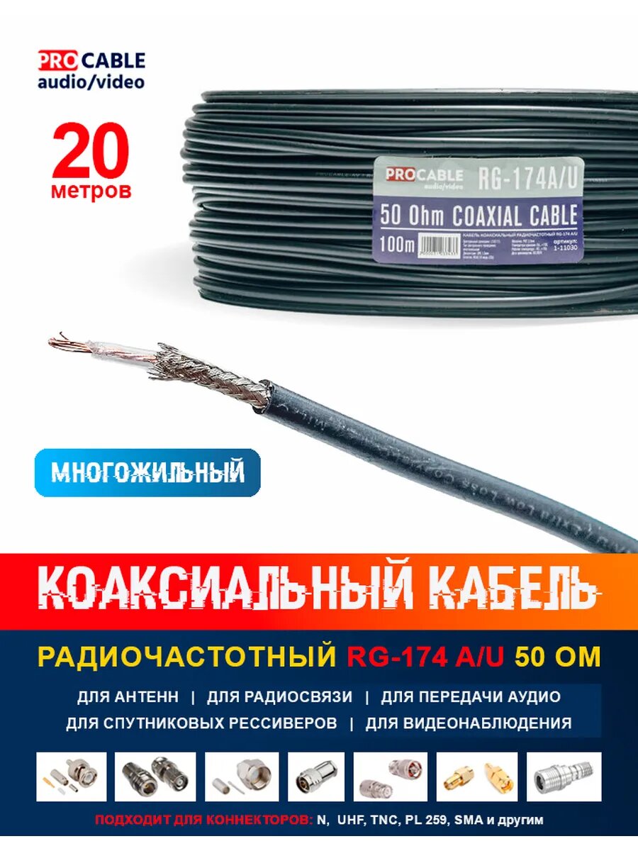 Коаксиальный кабель RG-174 A/U (20 метров)