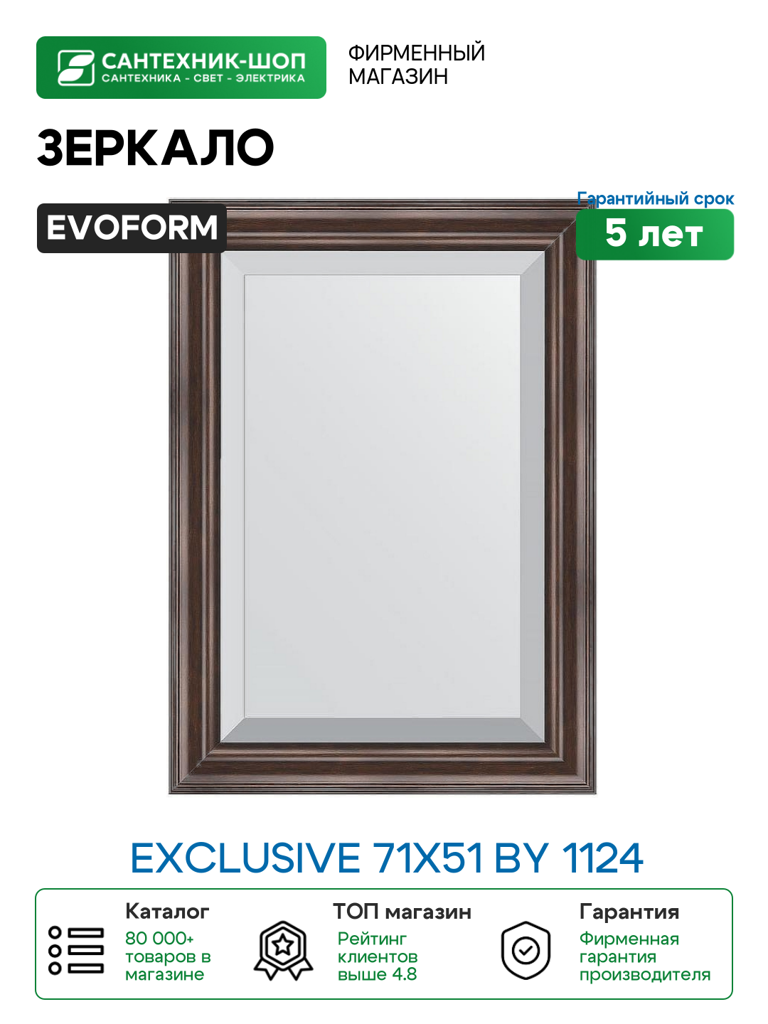 Зеркало Evoform Exclusive 71х51 BY 1124 с фацетом в багетной раме - Палисандр 62 мм стекло