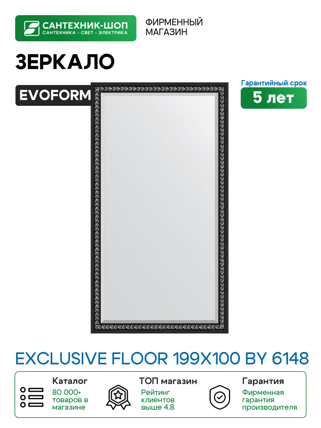 Зеркало Evoform Exclusive Floor 199х100 BY 6148 с фацетом в багетной раме - Черный ардеко 81 мм стекло