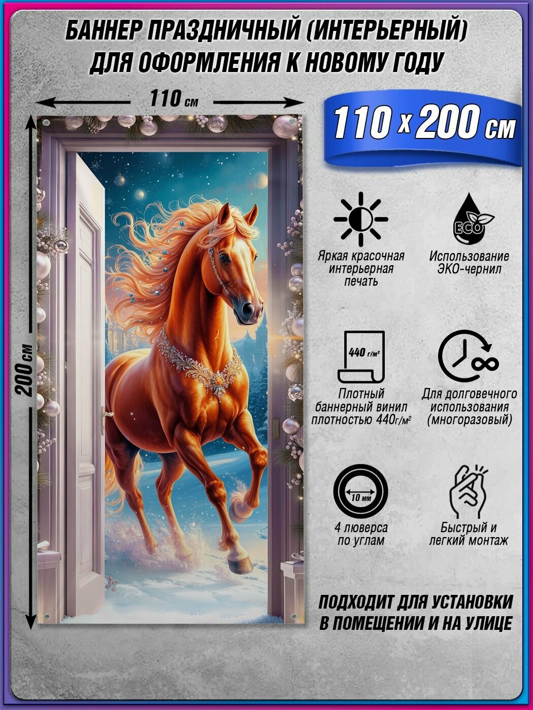 Новогодний баннер на дверь / Праздничное оформление входа. / 110х200 см.