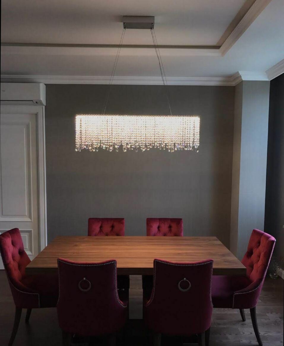 Люстра прямоугольная из хрусталя со светодиодной лентой на тросиках