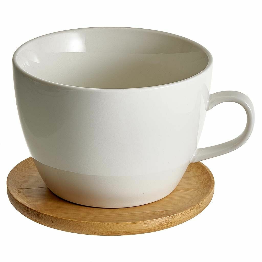 Подарочная кружка для капучино 500 мл, фарфор, на бамбуковой подставке AK5-0003