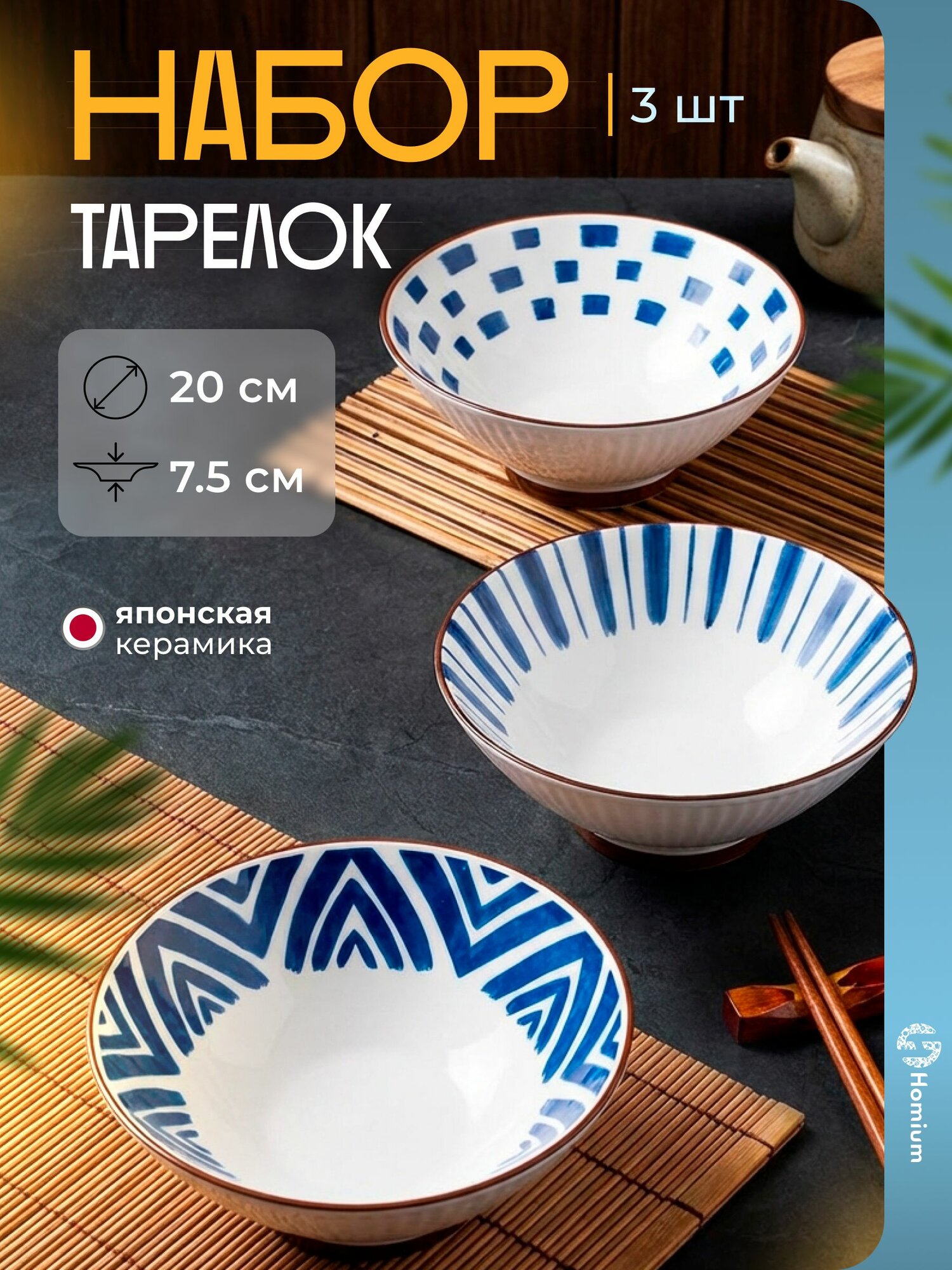 Набор тарелок Homium, Japanese Collection, Очарование, глубокие, 3шт, D20см, цвет белый/синий