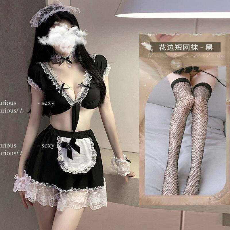 Сексуальный и соблазнительный комплект нижнего белья для ролевых игр в стиле горничной, для полных женщин, визуально увеличивающий маленькую грудь, страстный, не требует снятия униформы. Черный полный комплект горничной + чулки в сеточку.