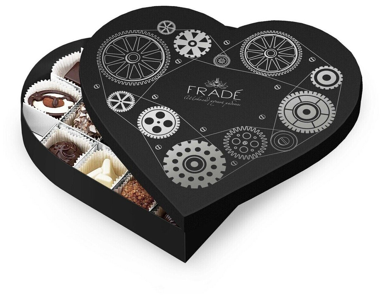Коробка шоколадных конфет ручной работы Фраде - сердце (на 20 конфет) (механизм черный) с фольгировкой