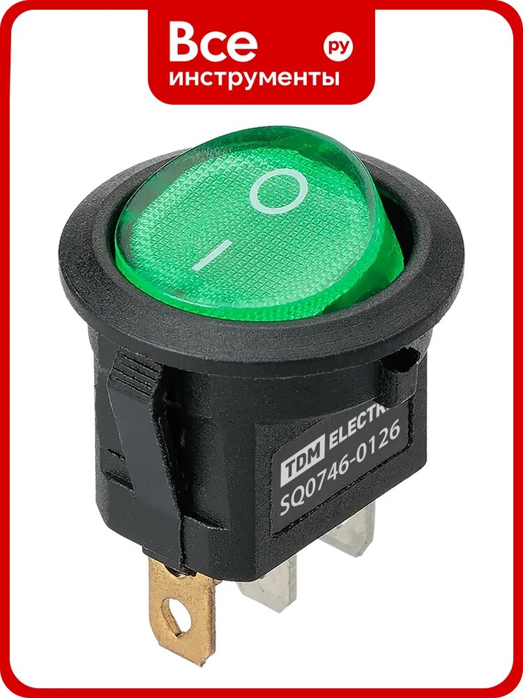 Выключатель клавишный TDM ELECTRIC KCD11-101N 250В AC/DC, 1P, 3А, (3с), ON-OFF, черный корпус, зеленая клавиша, LED, Micro TDM SQ0746-0126