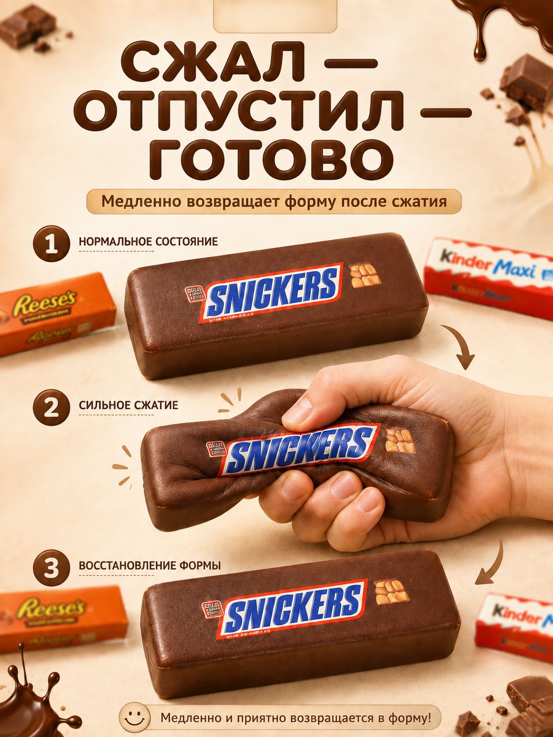 Сквиш антистресс Butter шоколад сникерс, кит-кат, баунти, киндер, игрушка шоколадка для детей и взрослых