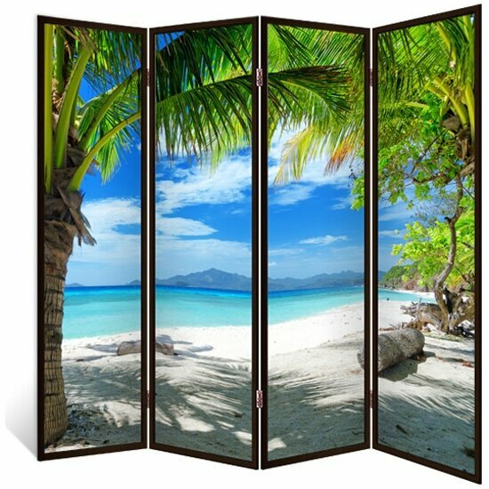 Ширма перегородка Декор Депо для комнаты деревянная "Пальма" двухсторонняя с картинкой (море) 4 створки венге 176х185 см 14 кг