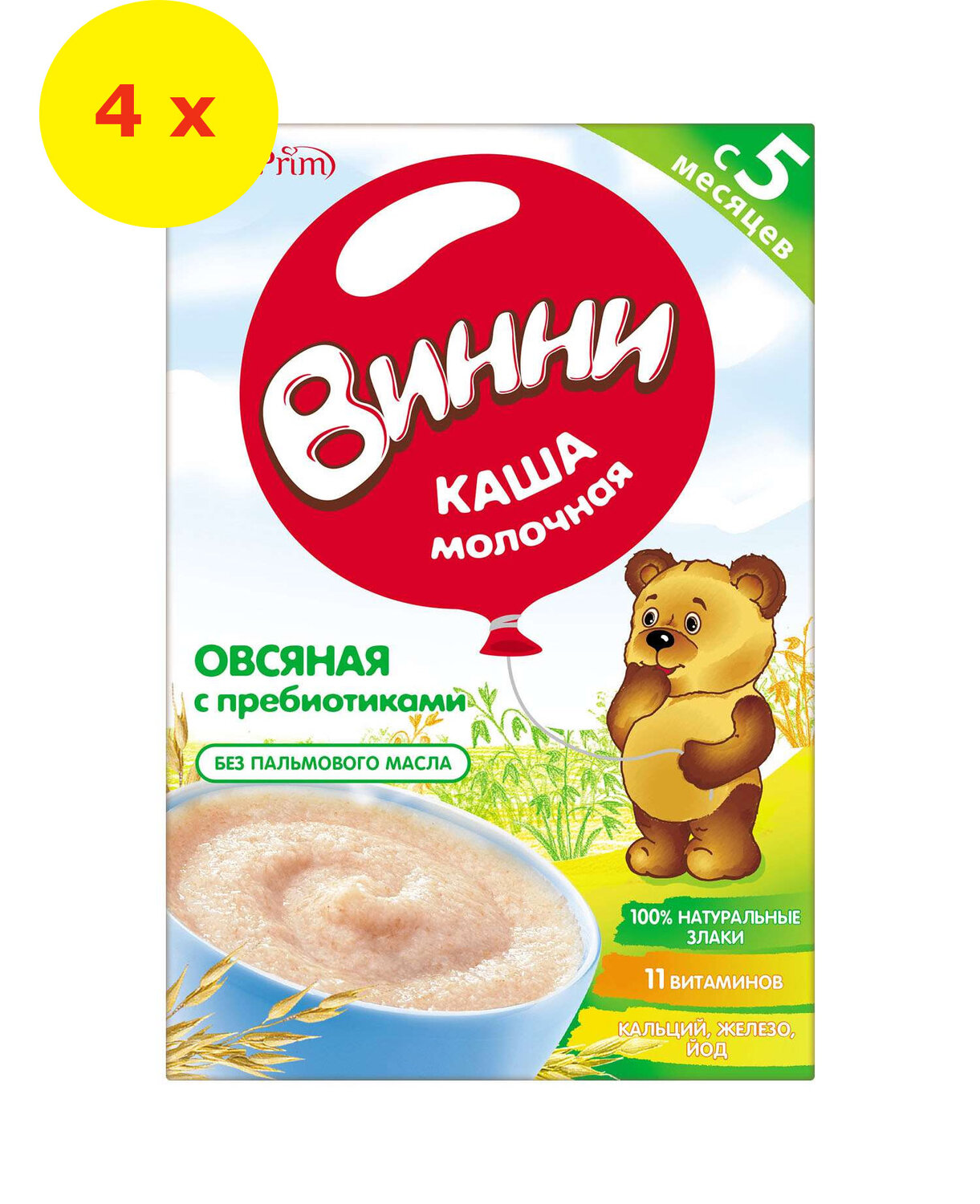 Каша Винни молочная овсяная с пребиотиками (с 5 месяцев), 200 г, 4 шт