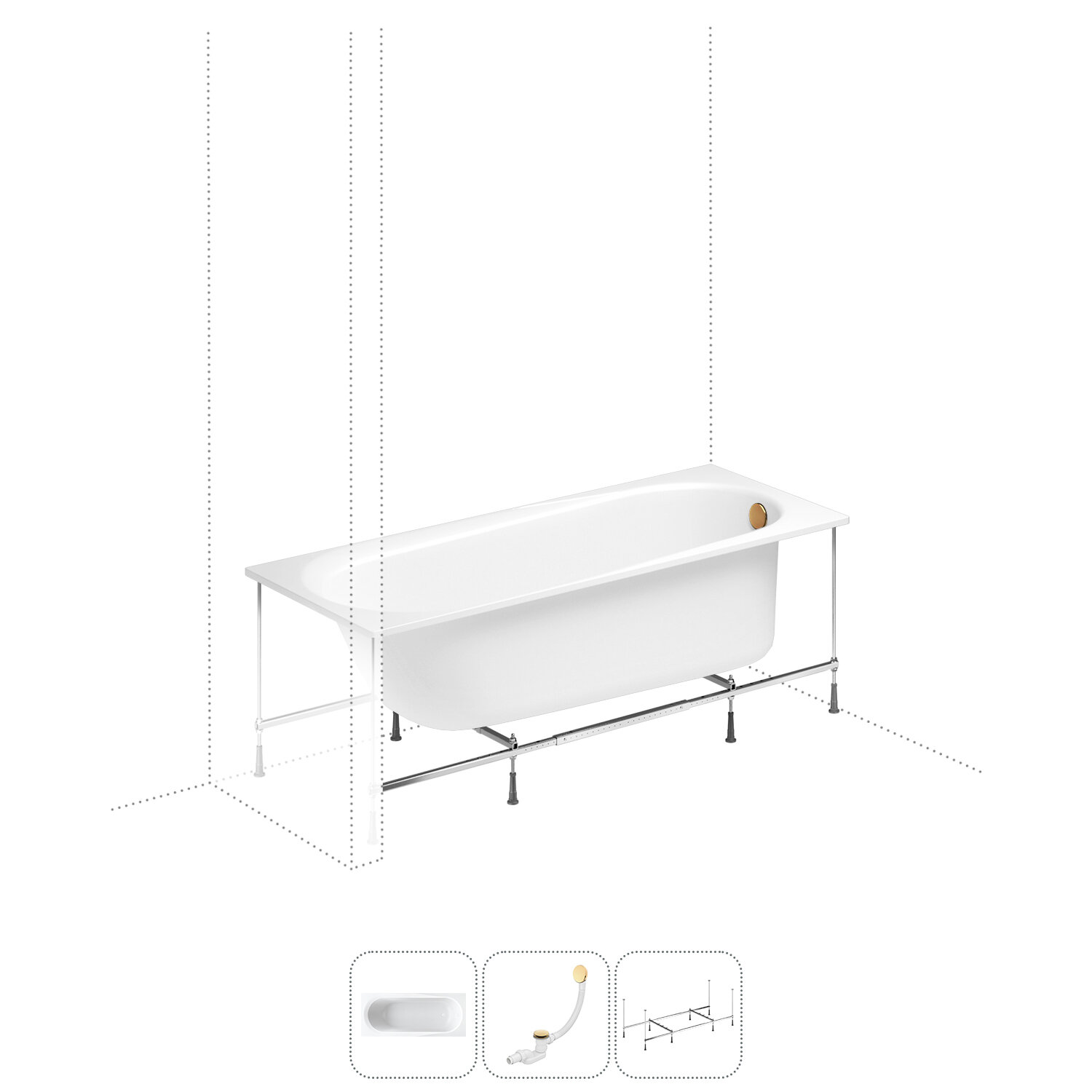 Акриловая ванна 150x70 с каркасом Lavinia Boho Biore 202011048 в наборе 3 в 1: прямоугольная ванна 150 x 70 см, слив-перелив, каркас