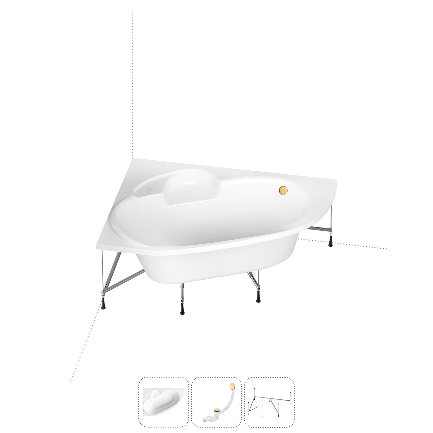Угловая ванна акриловая 140 x 95 с каркасом Lavinia Boho Bell Pro 202011077 в наборе 3 в 1: асимметричная ванна (левый разворот), слив-перелив, каркас