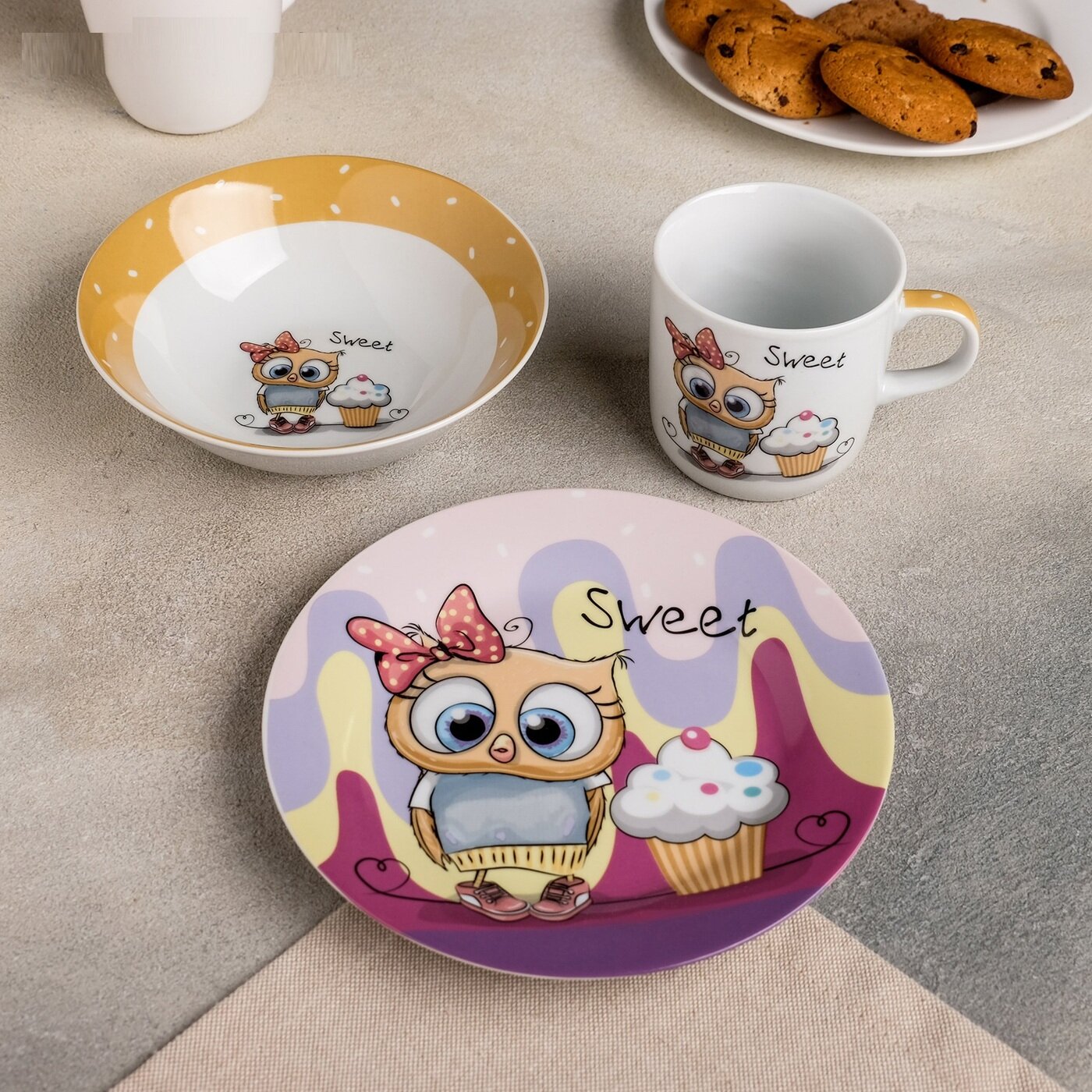 Набор посуды для детей, Совенок, 3 предмета: кружка 230 мл, миска 400 мл, тарелка 18 см