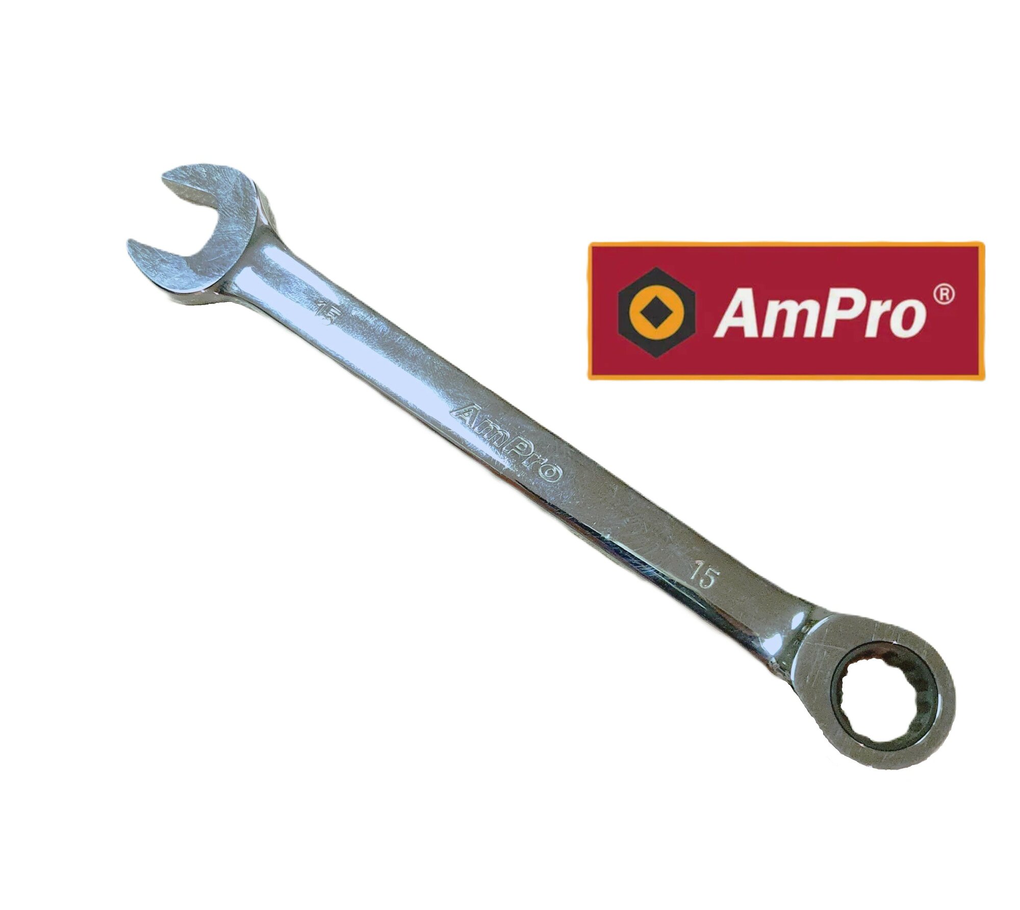 Ключ комбинированный трещоточный 15мм AmPro (T41415) CrV, хромированный