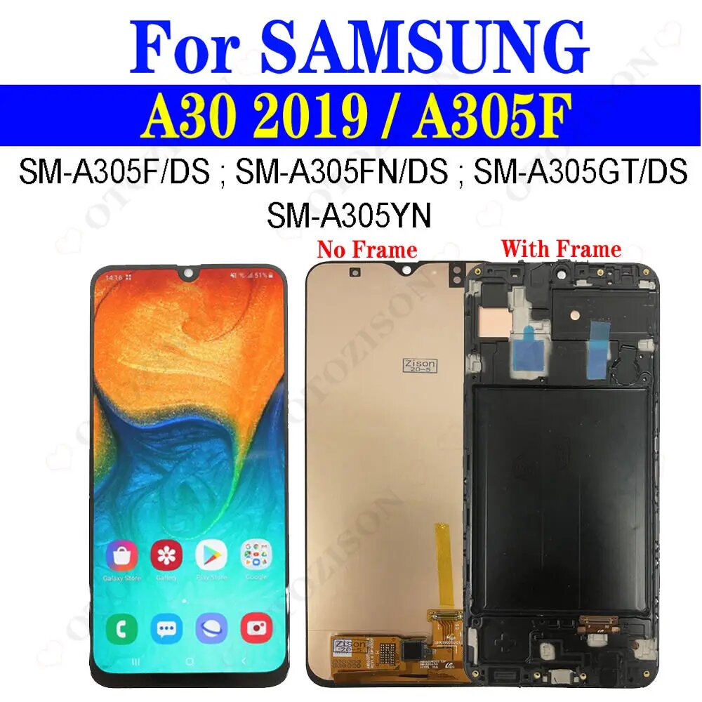 ЖК-дисплей AMOLED A30 для Samsung Galaxy A30 2019 SM-A305F/DS SM-A305FN A305GN A305YN A305 LCD ЖК-дисплей A305F ЖК-дисплей с рамкой A305 A305FN A305GT сенсорный экран дигитайзер в сборе With Frame AMOLED