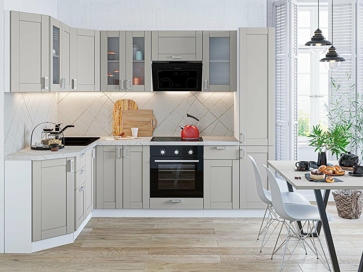 Кухня Лофт-04, цвет фасада Grey Silk, цвет каркаса Белый, 2140*1700/2600*600 мм