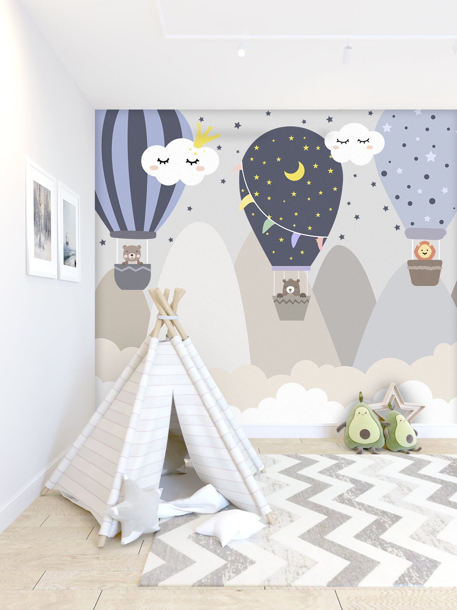 Фотообои детские 300 х 270 см "Мишки на воздушных шарах" / обои в детскую комнату, мальчику, девочке, малышу