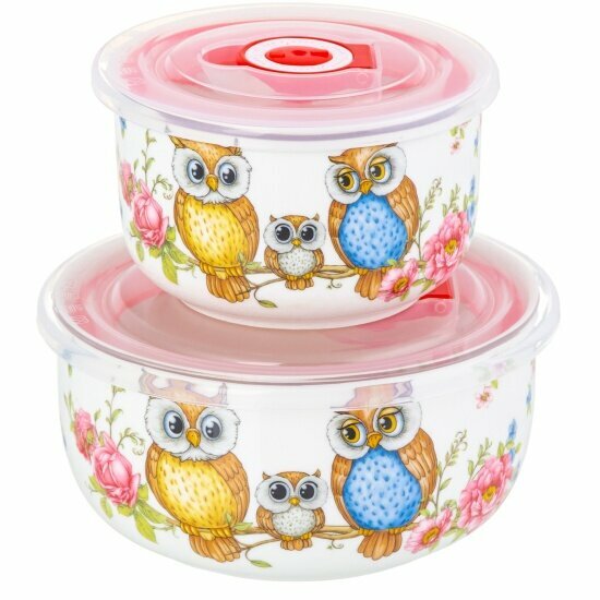 Набор салатников Elan Gallery "Совушки" с пластиковыми крышками, 2 шт, 560 мл и 260 мл
