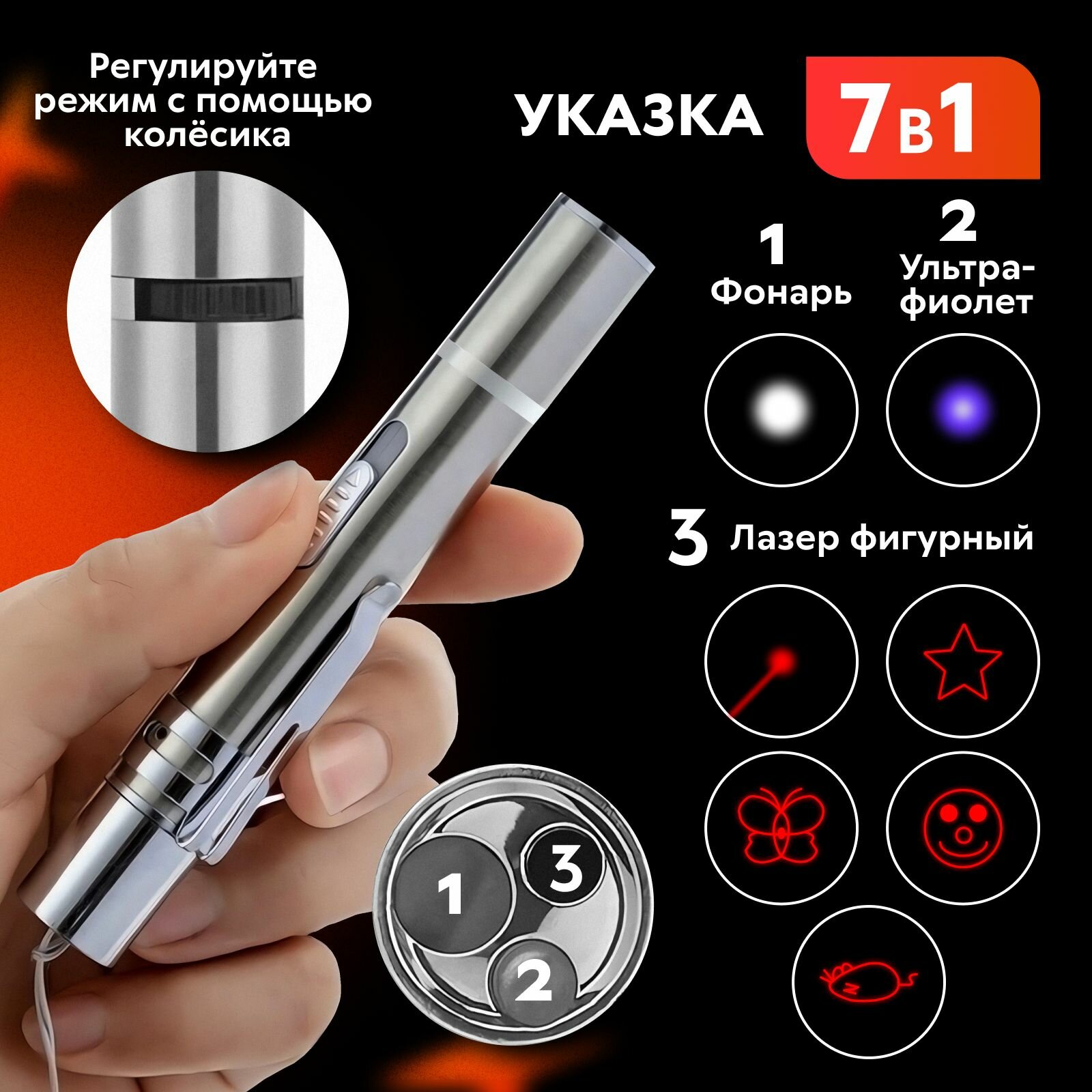 Многофункциональная лазерная указка 7 в 1 с УФ-светом и LED-фонариком идеальная игрушка для кошек и собак, с USB-зарядкой и стильным серебристым корпусом