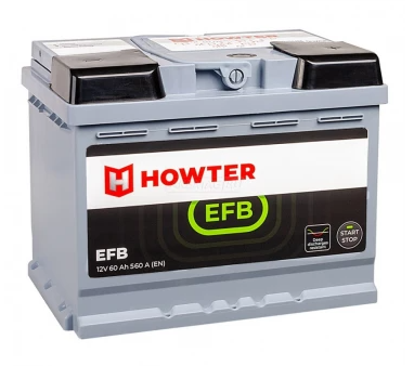 Аккумулятор автомобильный HOWTER EFB 60 Ah 560 A ОП (242x175x190) L2 242x175x190