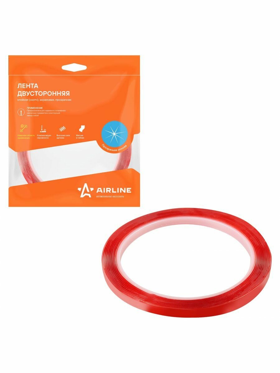 Лента двусторонняя клейкая (скотч), 6 мм x 3 м, акриловая, прозрачная, Airline ADSA04