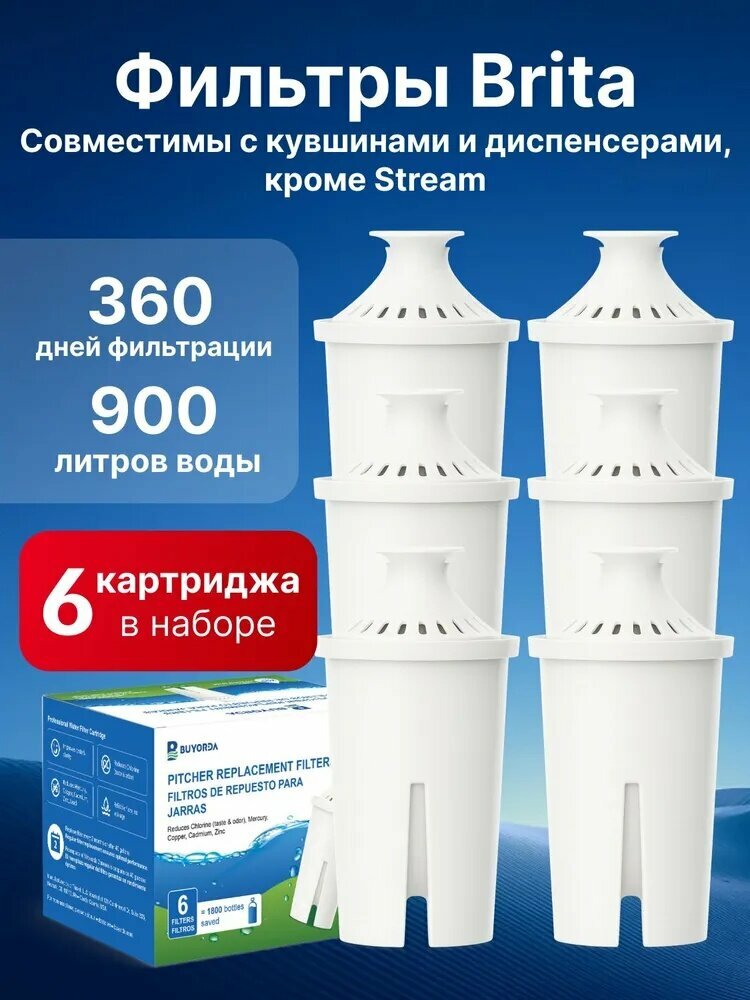Сменные фильтры для кувшинов Brita, совместимы с кувшинами и диспенсерами (кроме серии Stream), снижают содержание меди, кадмия и ртути.
