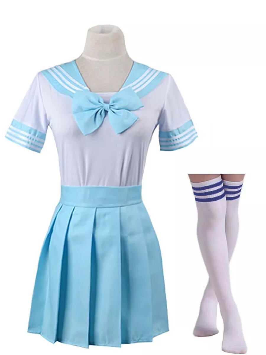 Аниме японская школьная форма, голубого цвета с чулками размер М