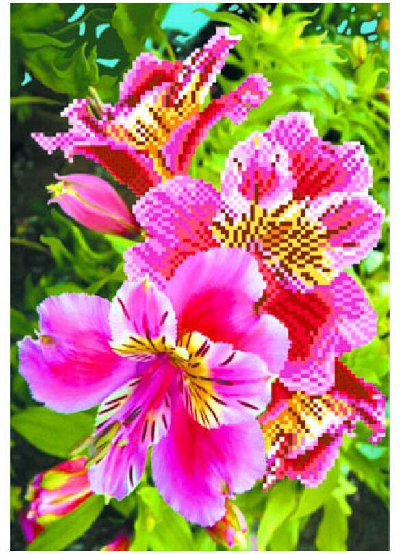 Матренин посадканва/ткань с рисунком на шелке 28x34 см, лилии розовые, 4086-GE79