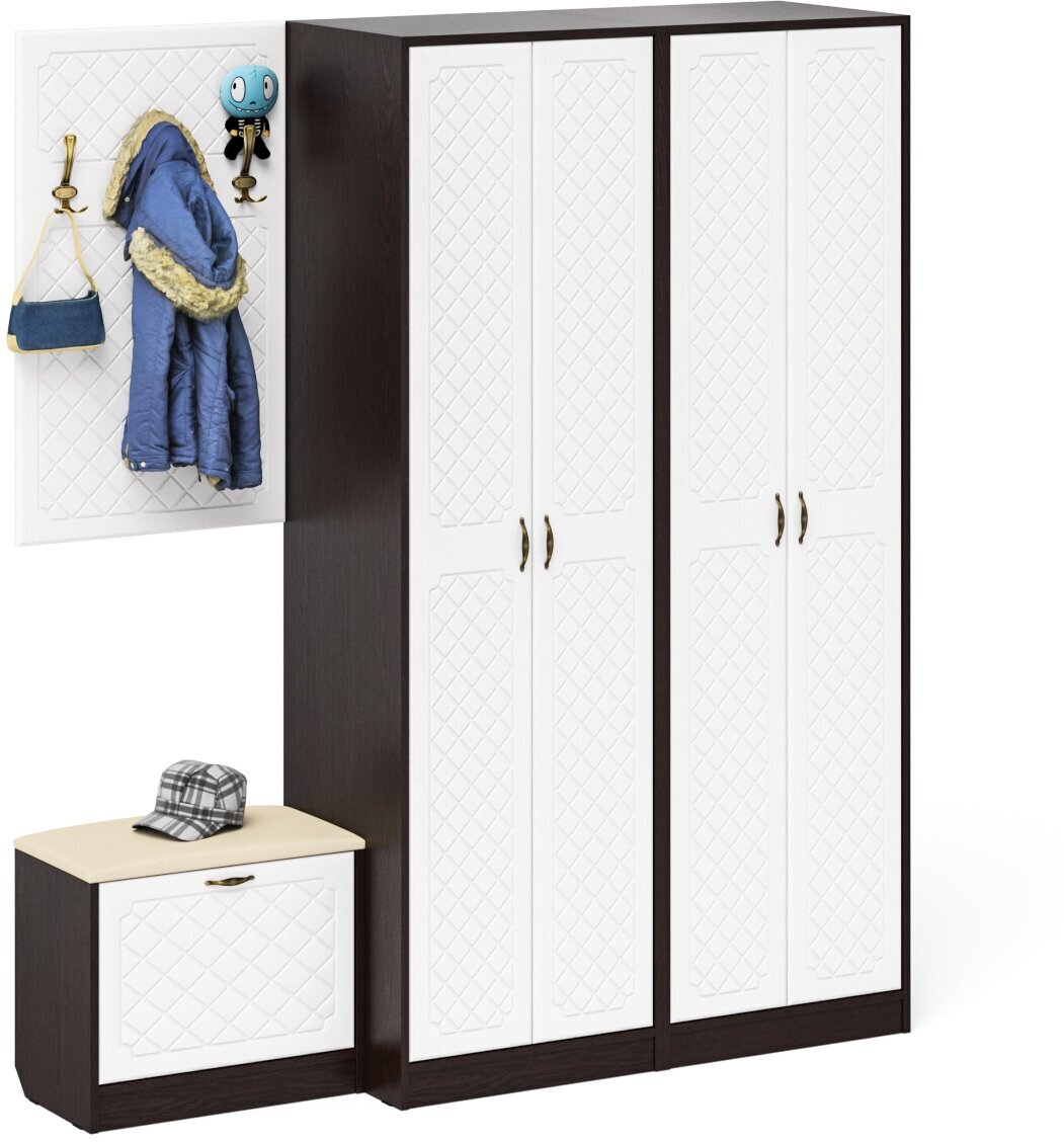 Модульная мебель для прихожей П-6 № 9, цвет венге/фасады МДФ белое дерево фрезеровка ромб, ШхГхВ 180х50х210 см.