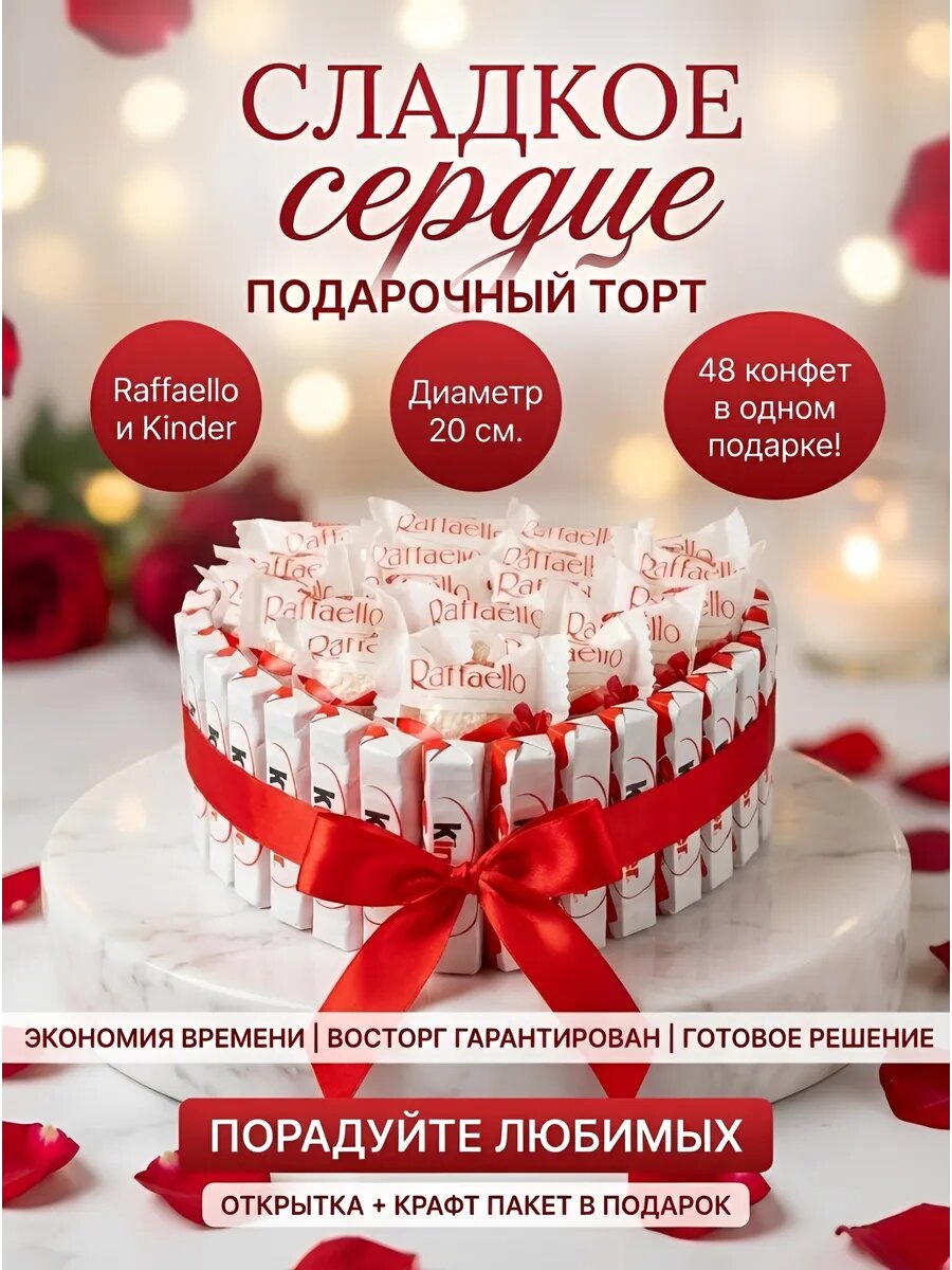 Торт киндер с конфетами Raffaello в форме сердца подарочный
