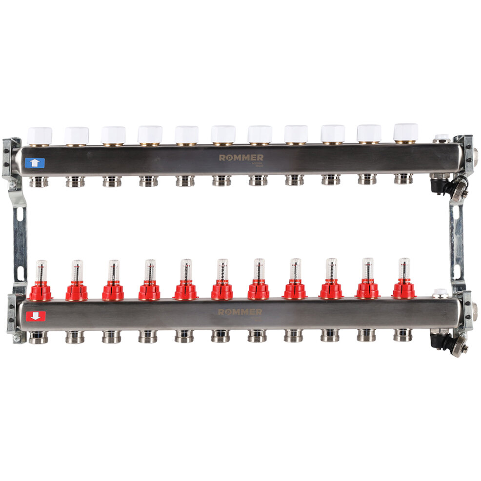 Коллектор из нержавеющей стали с расходомерами, с клапаном вып. воздуха и сливом 11 вых. ROMMER RMS-1201-000011