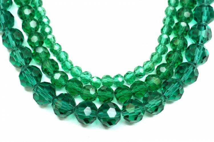 Бусины стеклянные граненые круглые 4/6/8мм, цвет изумрудный прозрачный, 545-015, 1 набор