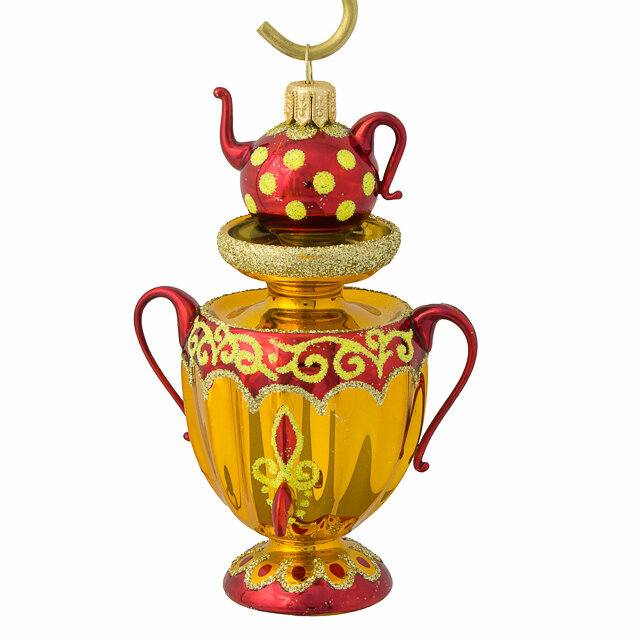 Стеклянная елочная игрушка Самоварчик 10 см золотой, подвеска, Фабрика Елочка, С2192-зол