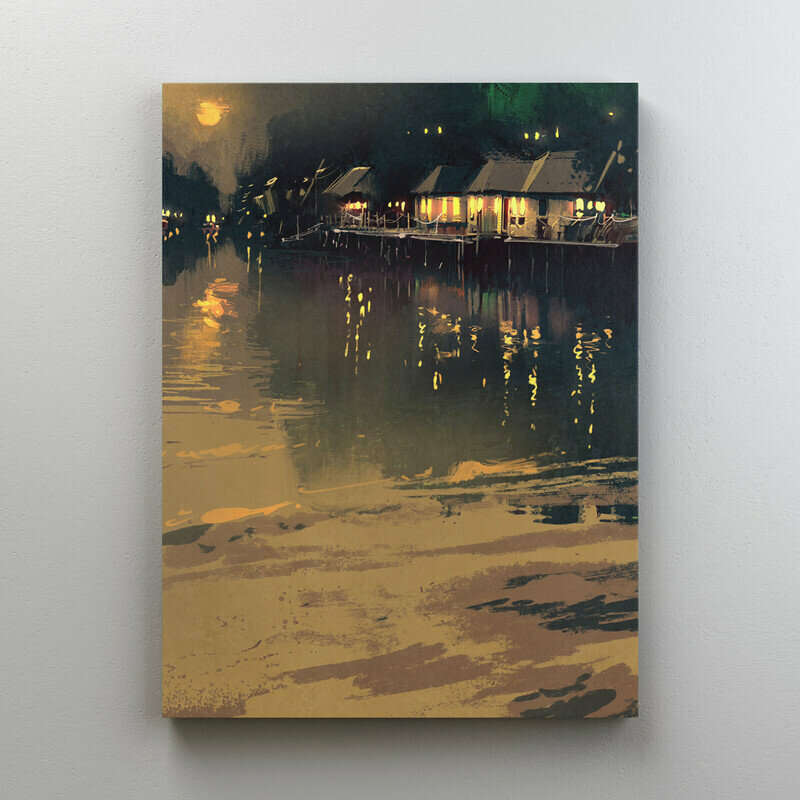Интерьерная картина на холсте "Деревня у реки - ночная сцена" размер 30x40 см