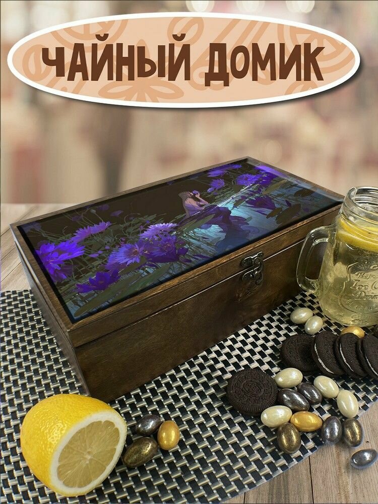 Коробка для чайных пакетиков, Чайница из дерева УФ, 4 отделения с принтом девушка эстетика - 597
