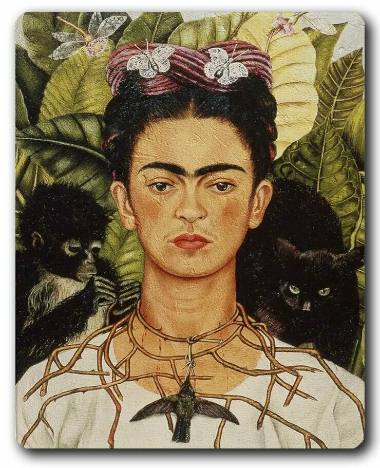 Картина/Репродукция картины - Фрида Кало "Автопортрет с терновым ожерельем и колибри"/Интерьерная фреска на доске/50х40 см