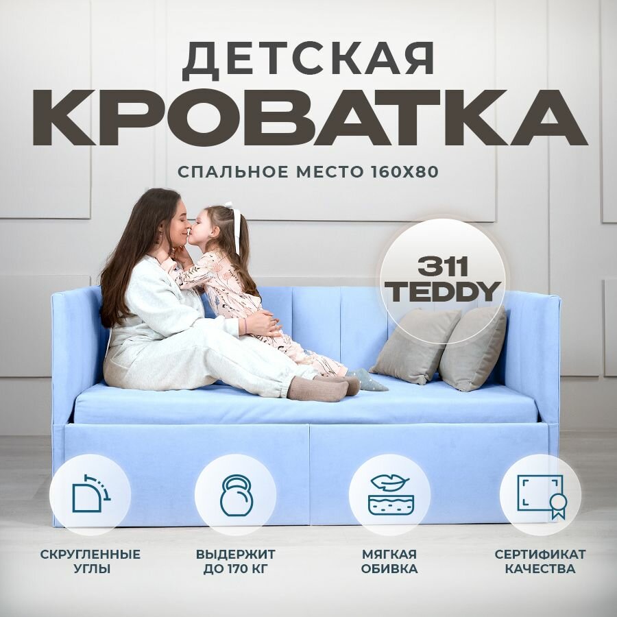 Детский диван-кровать 160 80 см Аврора голубой с ящиком, кровать детская от 3х лет, 2 спинки