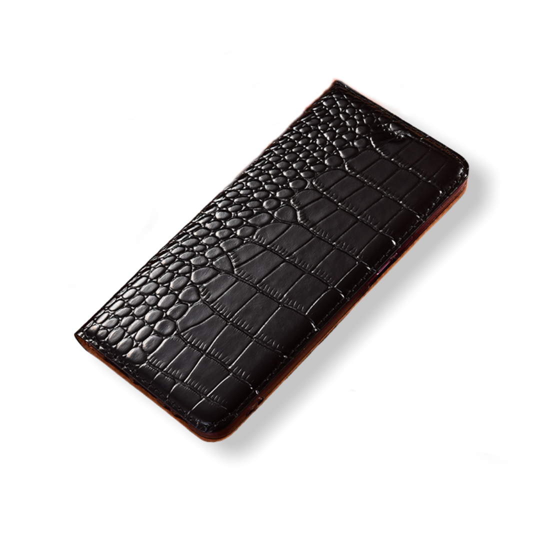 Чехол-книжка MyPads Premium для Samsung Galaxy S21 Ultra из натуральной кожи теленка с фактурной прошивкой рельефа кожи крокодила черный.
