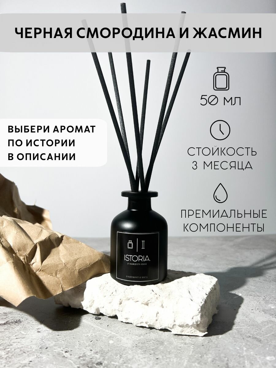 Аромадиффузор для дома. Ароматизатор. Парфюм для дома. Освежитель. Диффузор с палочками. Черная смородина и жасмин 50мл