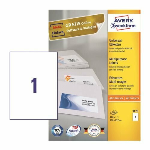 Этикетки Avery Zweckform 3478, A4, универсальная, 100л, 70г/м2, белый, 297мм х 210мм, 1шт, покрытие матовое