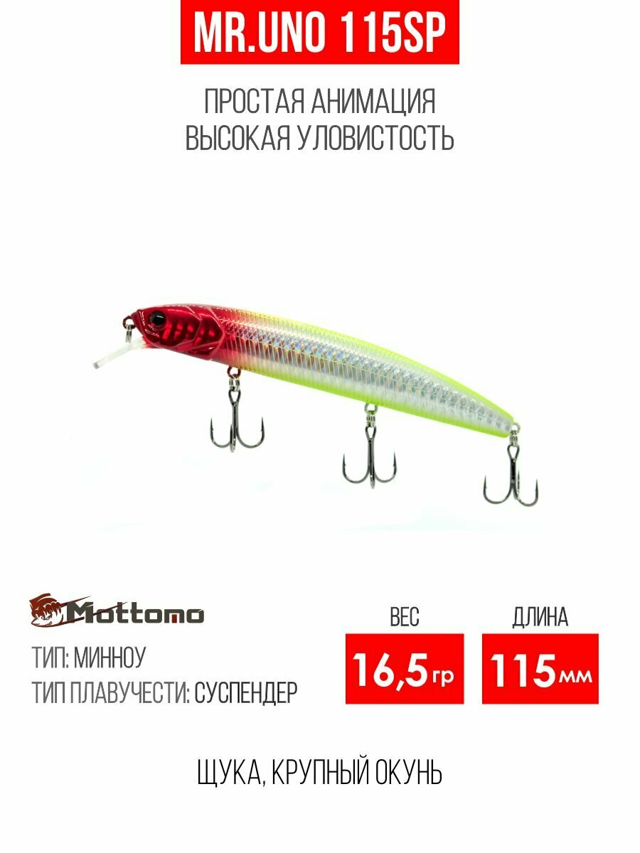 Воблер для рыбалки Mottomo Mr.Uno 115SP 16,5g, минноу тонущий для спиннинга, твичинга. Приманка на щуку. Pure Clown